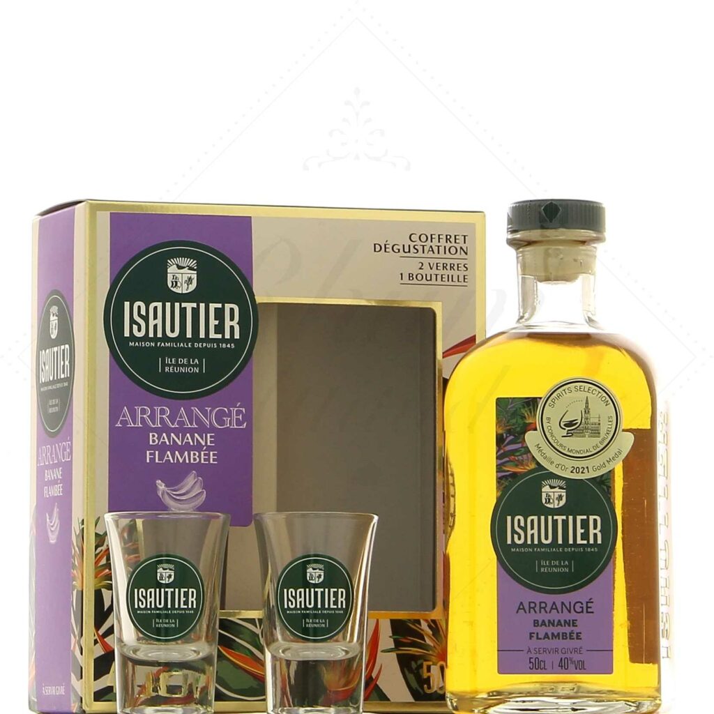Isautier Arrangé Banane flambée 50 cl en coffret 2 verres 40° - Rhum Attitude