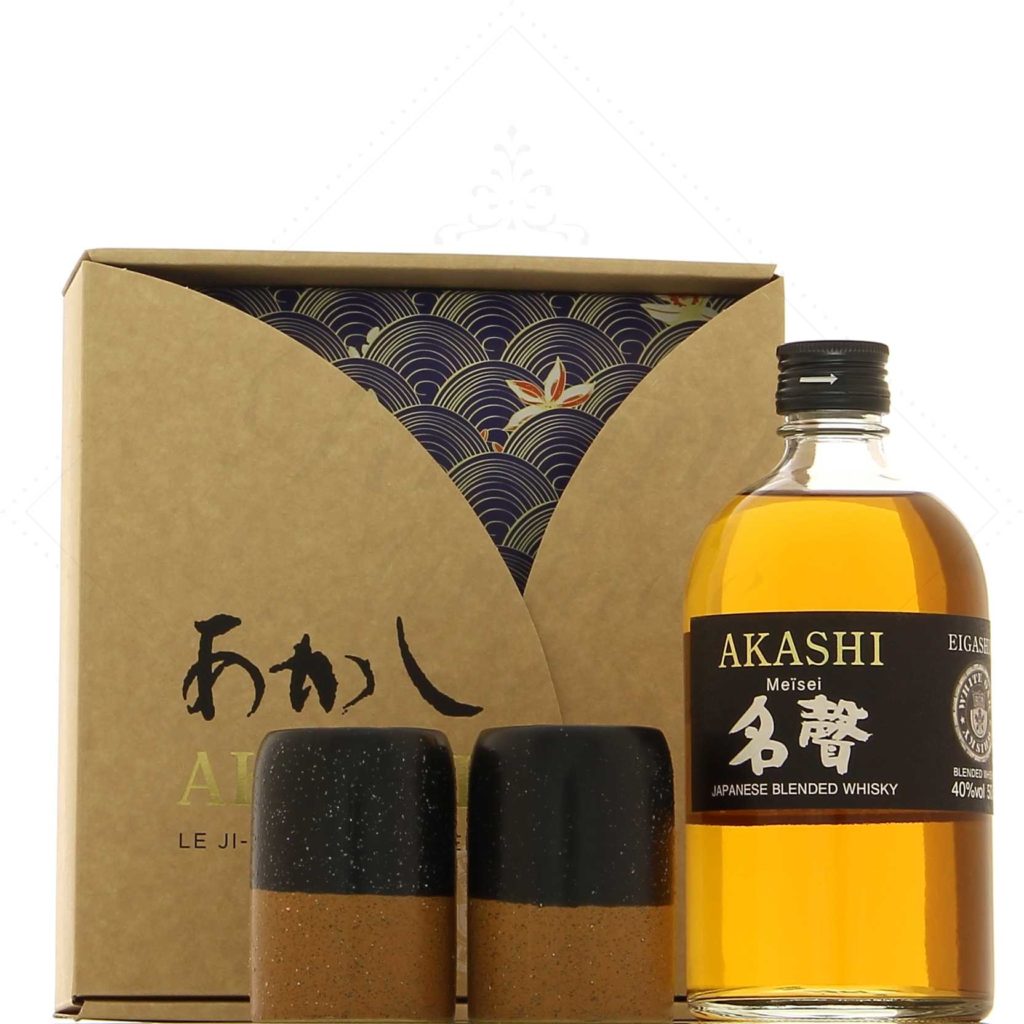 Akashi Meisei in box with 2 Japanese 40° cups - Rhum Attitude